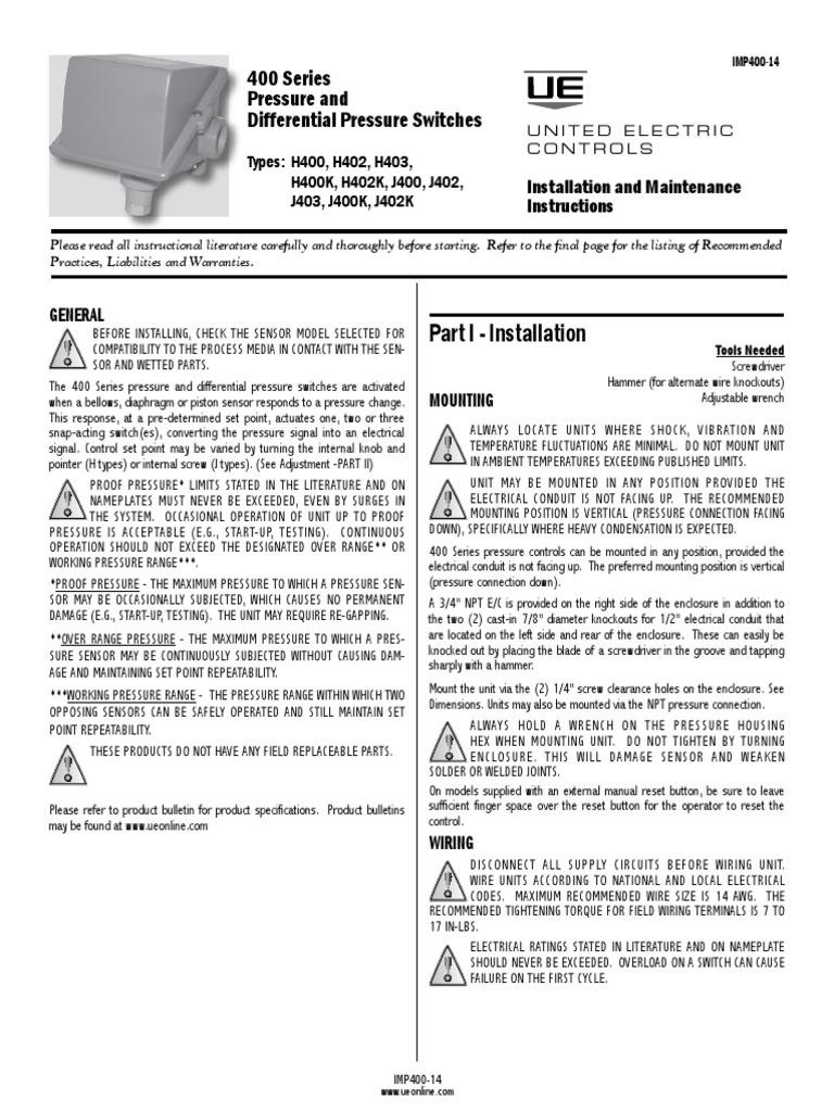 Part I - Installation: 400 Series Pressure and Differential Pressure ...