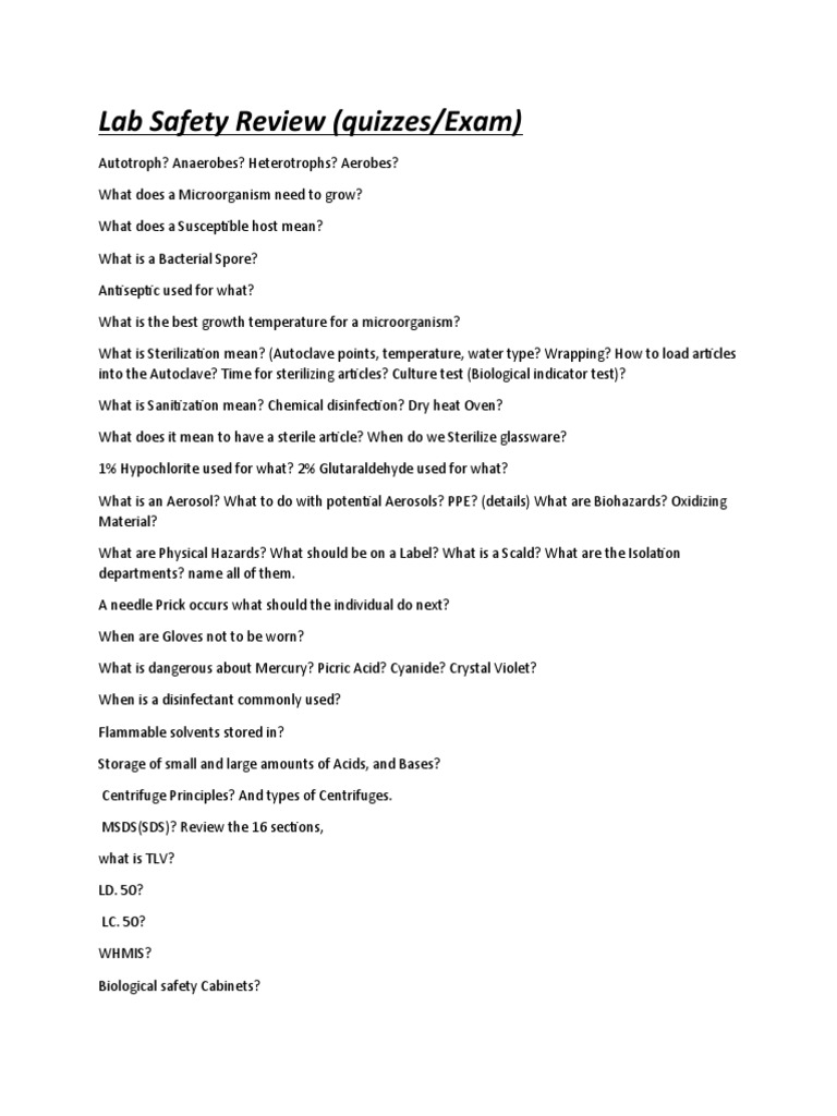 Lab Safety Review (Quizzes/exam) | PDF