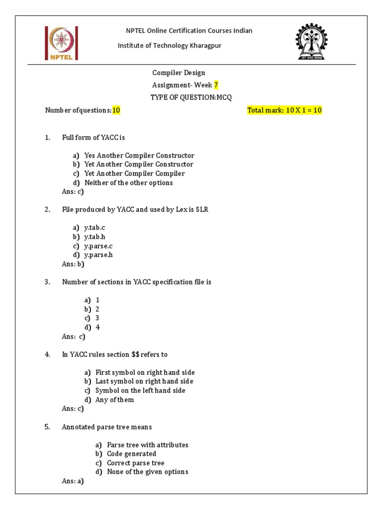 NPTEL Online Certification Courses Compiler Design Assignment | PDF NPTEL Online Certification Courses Compiler Design Assignment | PDF