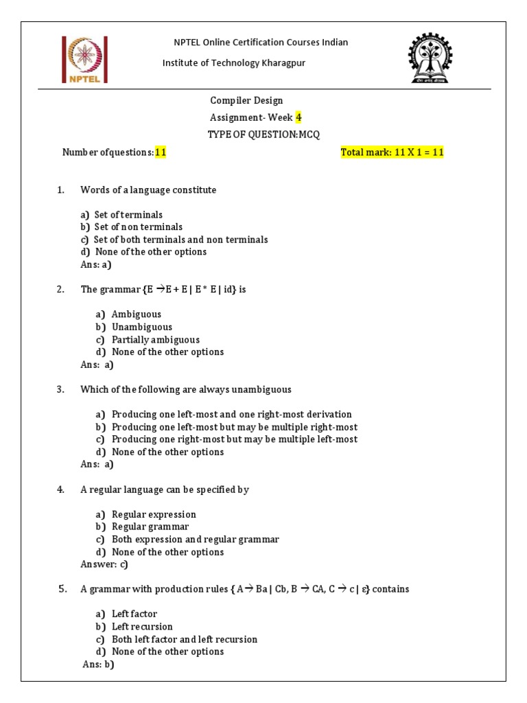 NPTEL Compiler Design Assignment MCQ | PDF | Parsing | Language Mechanics NPTEL Compiler Design Assignment MCQ | PDF | Parsing | Language Mechanics