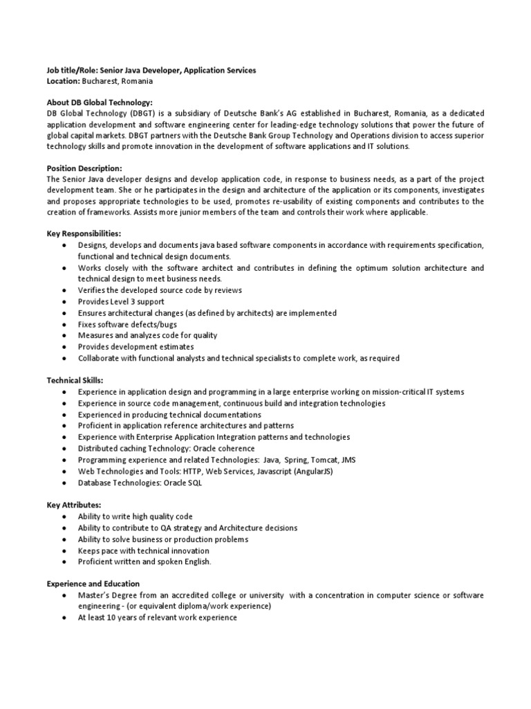 JD - Senior Java Developer | PDF | Java (Programming Language) | Software