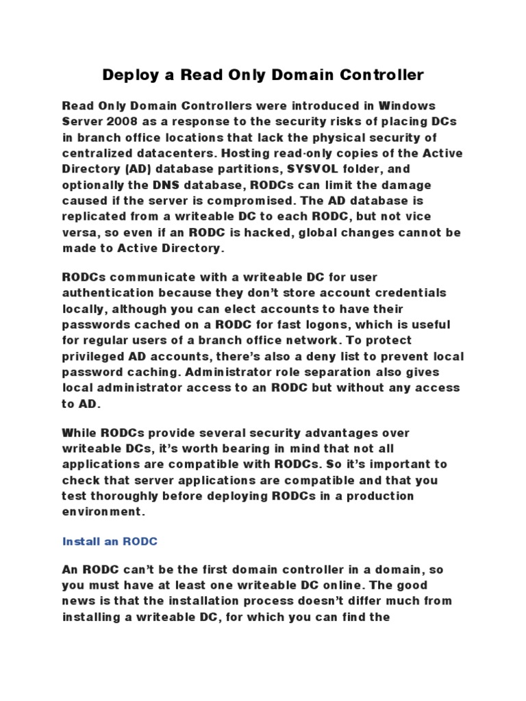 Deploy A Read Only Domain Controller Pdf Windows Server 2008 Microsoft Windows