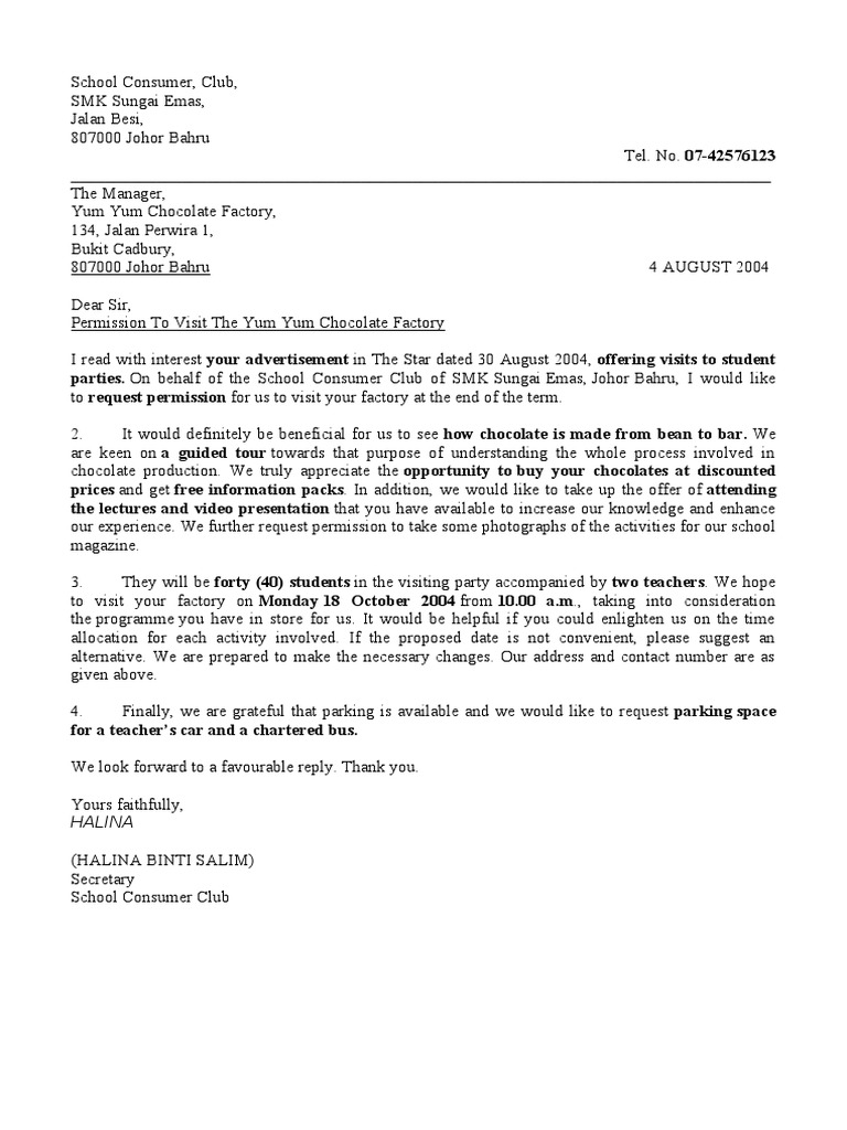 SPM Letter of Permission To Visit The Factory | PDF | Business
