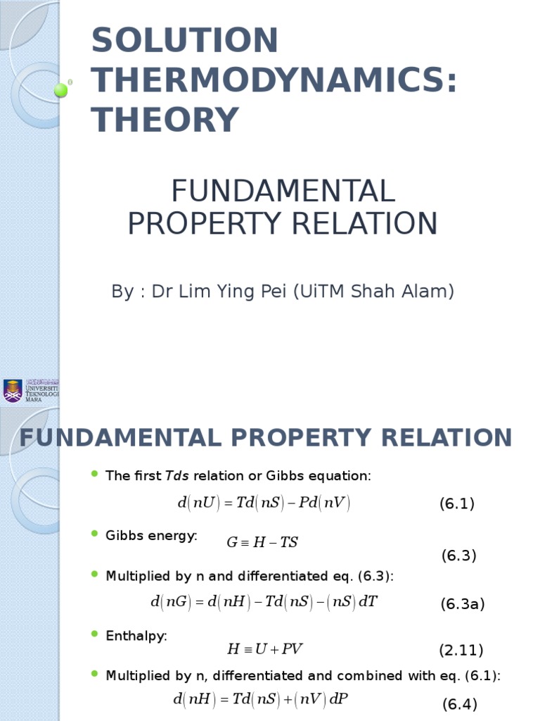 Solution Thermodynamics: Theory: Fundamental Property Relation | PDF ...