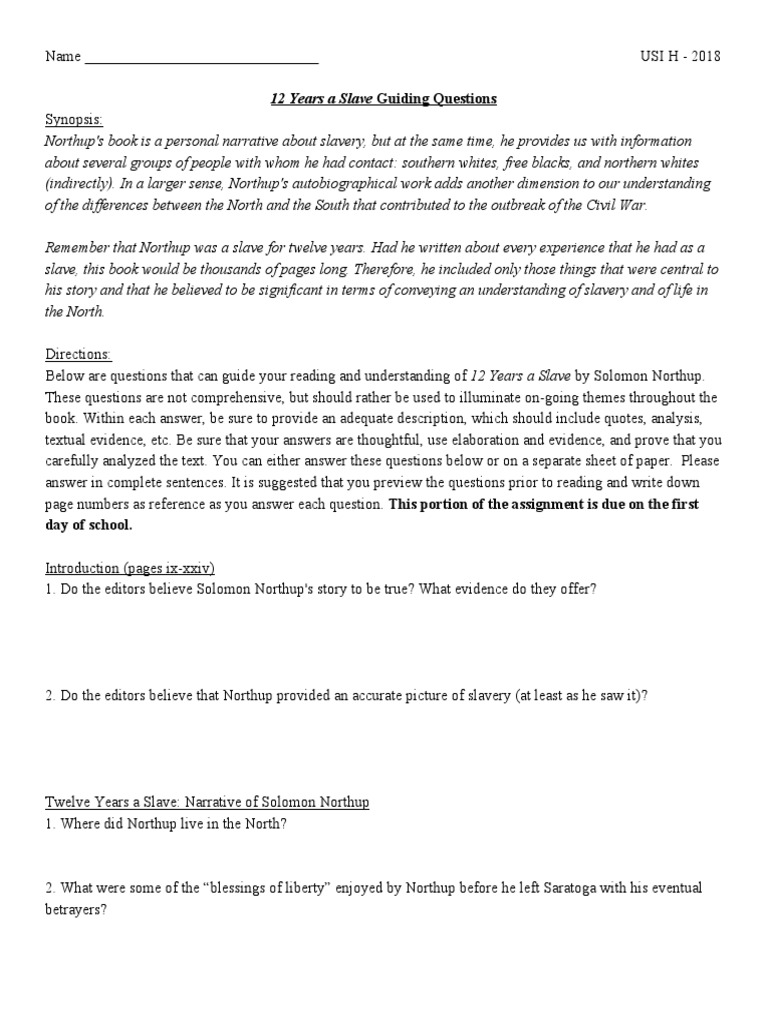 Guiding Questions for 12 Years a Slave | PDF | Slavery | Society