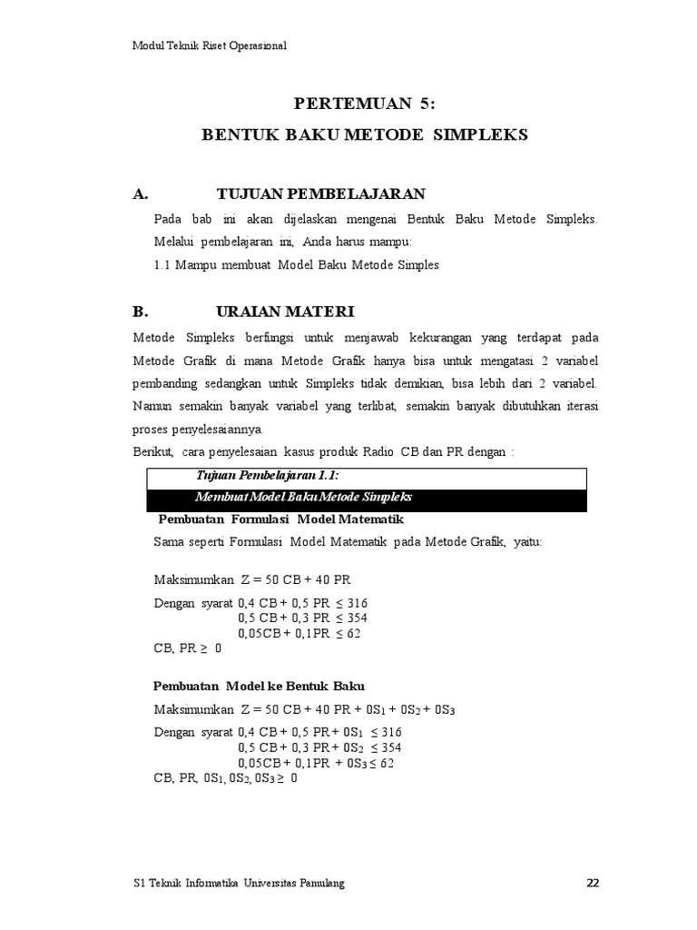 Bentuk Baku Metode Simpleks dalam Riset Operasional | PDF