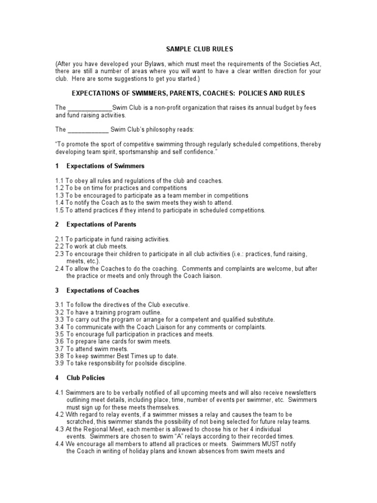 Section 8 Sample Club Rules | PDF | Swimming (Sport) | Business