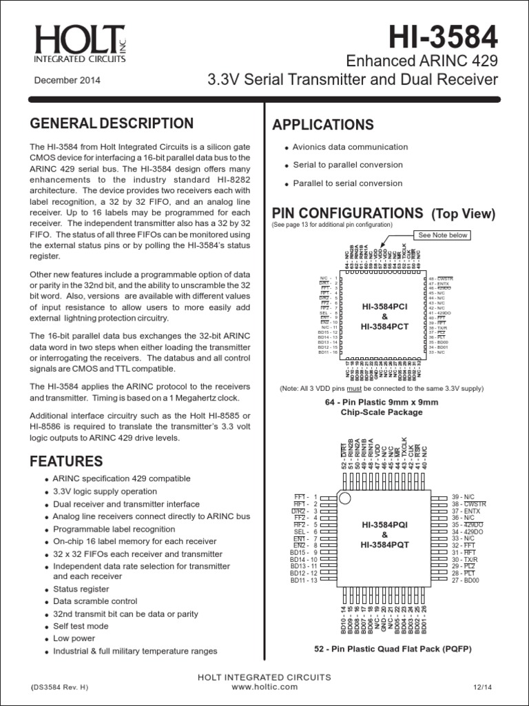 Enhanced ARINC 429 3.3V Serial Transmitter and Dual Receiver | PDF | Bit Rate | Bit