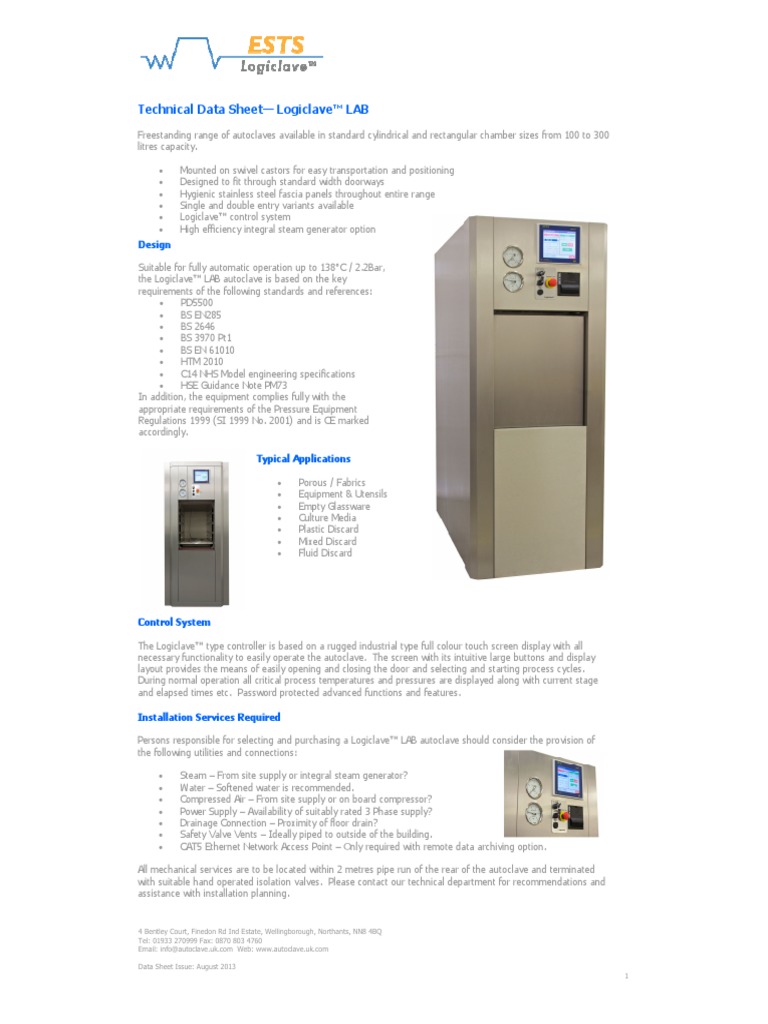 Autoclave Data Sheet | PDF | Steam | Valve