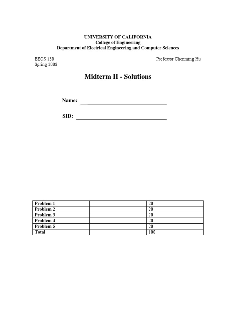 Midterm II - Solutions: Name | PDF | Field Effect Transistor | Electronic Engineering