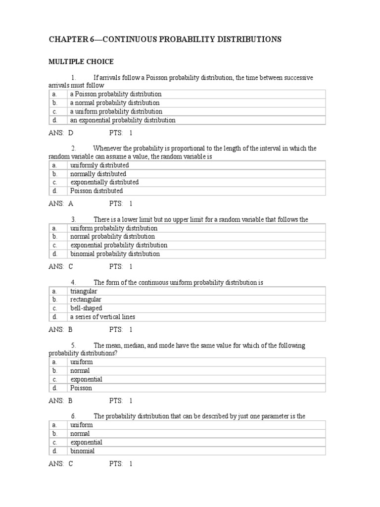 Chapter 6-Continuous Probability Distributions: Multiple Choice | PDF | Probability Distribution ...