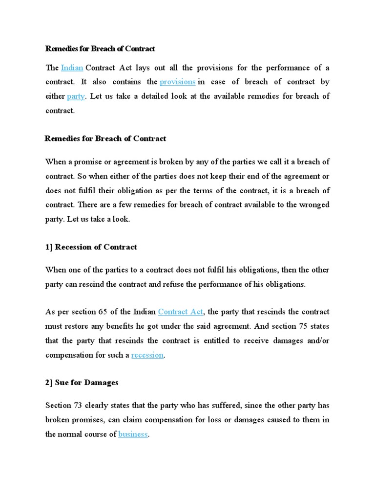 Remedies For Breach of Contract | PDF | Specific Performance | Breach ...