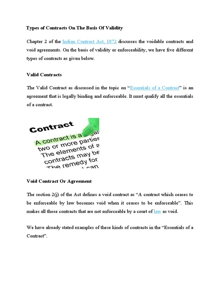 Types of Contracts On The Basis of Validity | PDF | Void (Law ...