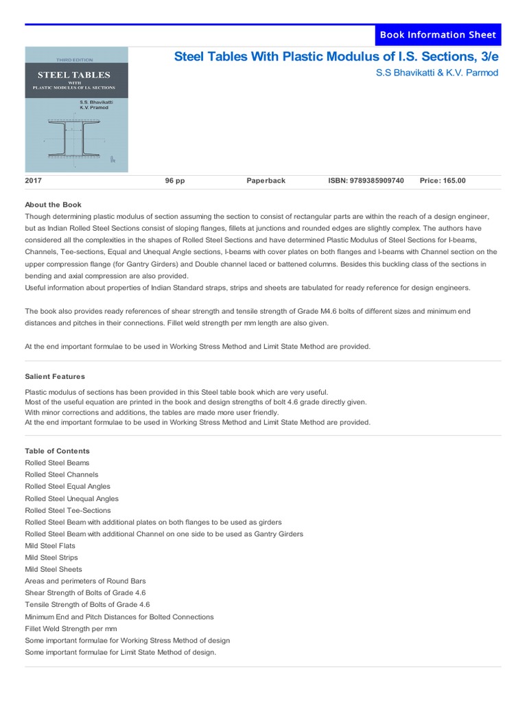 Steel Tables With Plastic Modulus of I.S. Sections, 3/e: Book ...