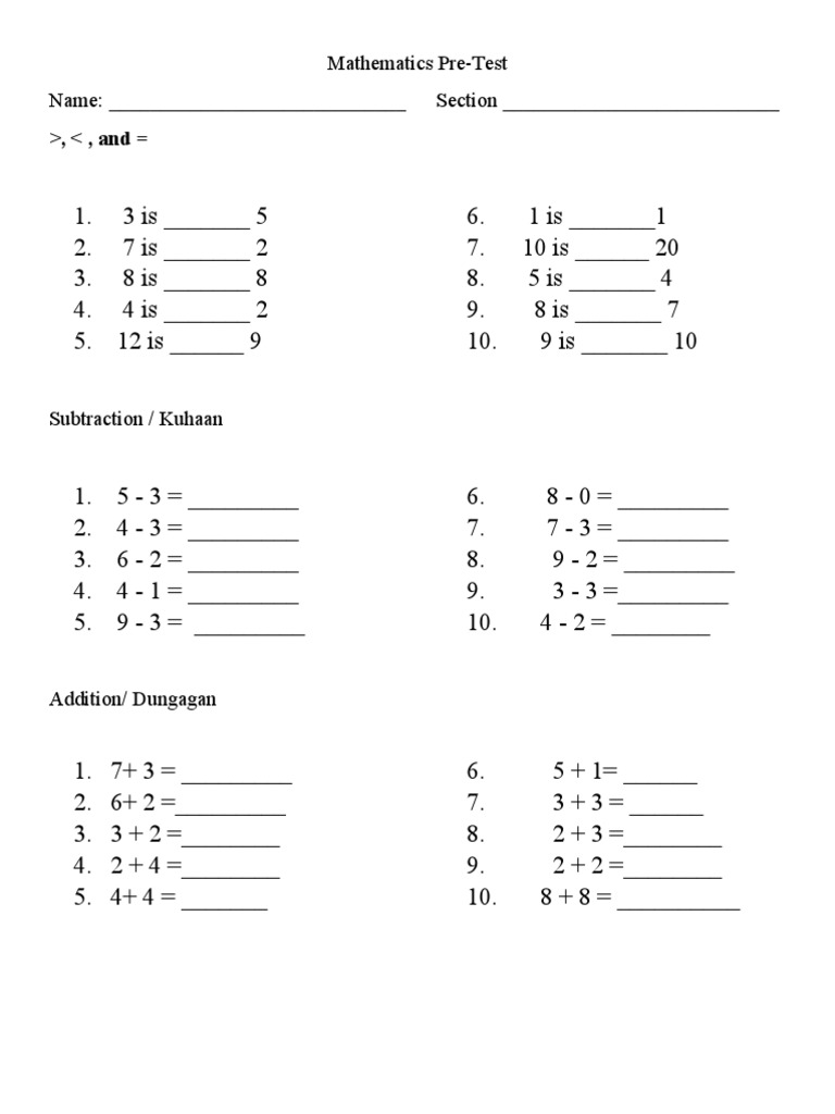 Mathematics Pre-Test Name: - Section | PDF