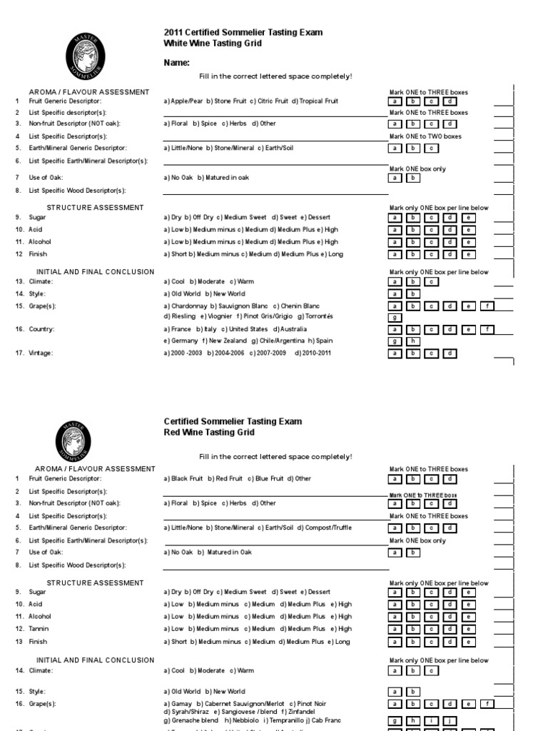 2011 Certified Sommelier Tasting Exam White Wine Tasting Grid Name ...