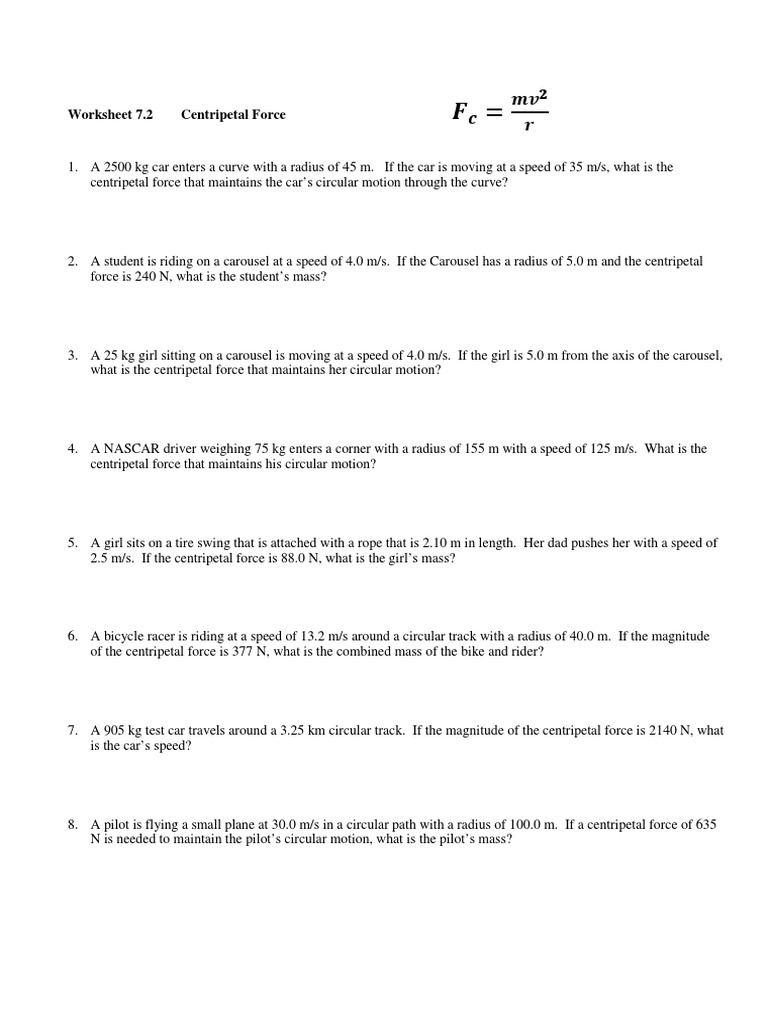 Centripetal Force Worksheet G8 PDF | PDF