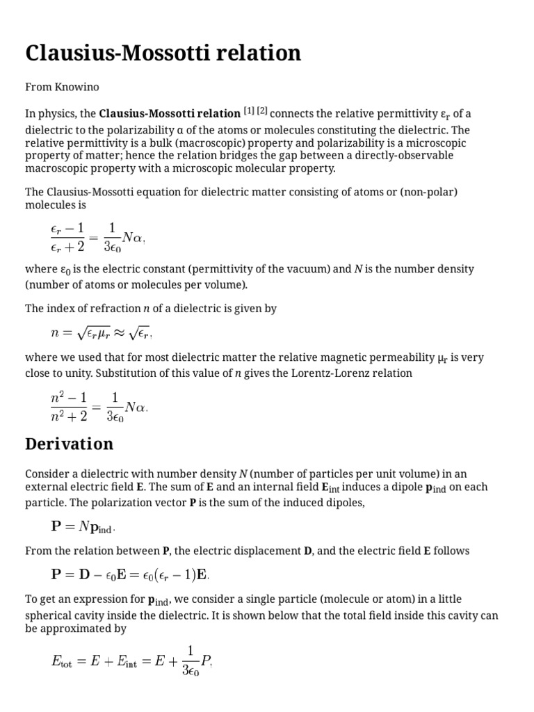 Clausius-Mossotti Relation - Knowino PDF | PDF | Dielectric | Permittivity