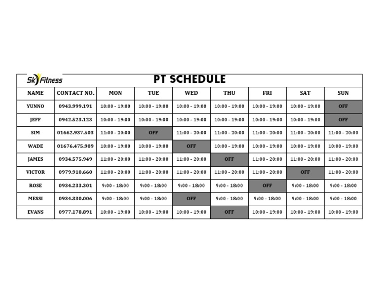 PT Schedule: Name Contact No. MON TUE WED THU FRI SAT SUN | PDF