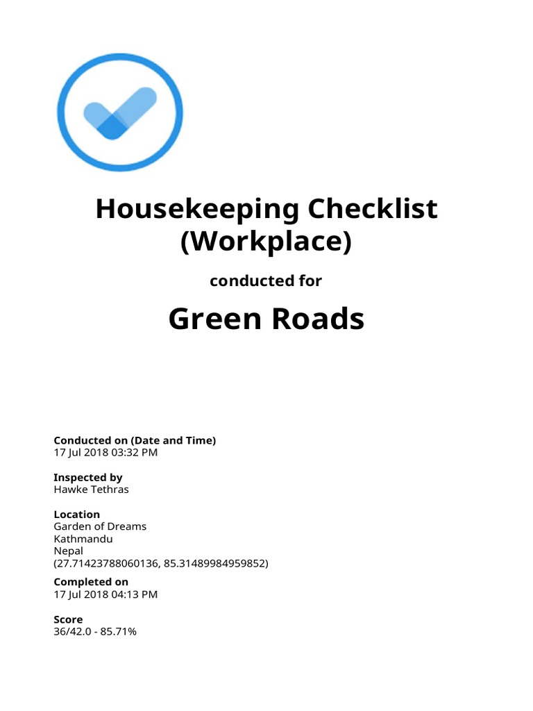 Green Roads: Housekeeping Checklist (Workplace) | Download Free PDF ...