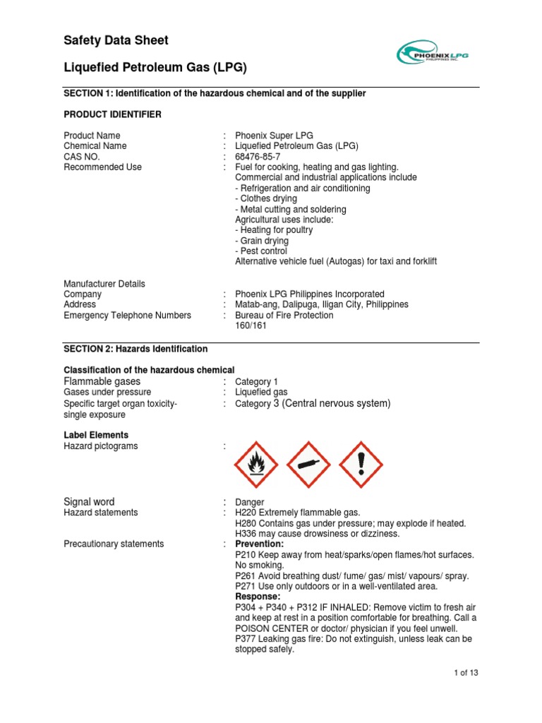 Safety Data Sheet Liquefied Petroleum Gas (LPG) | PDF | Liquefied ...