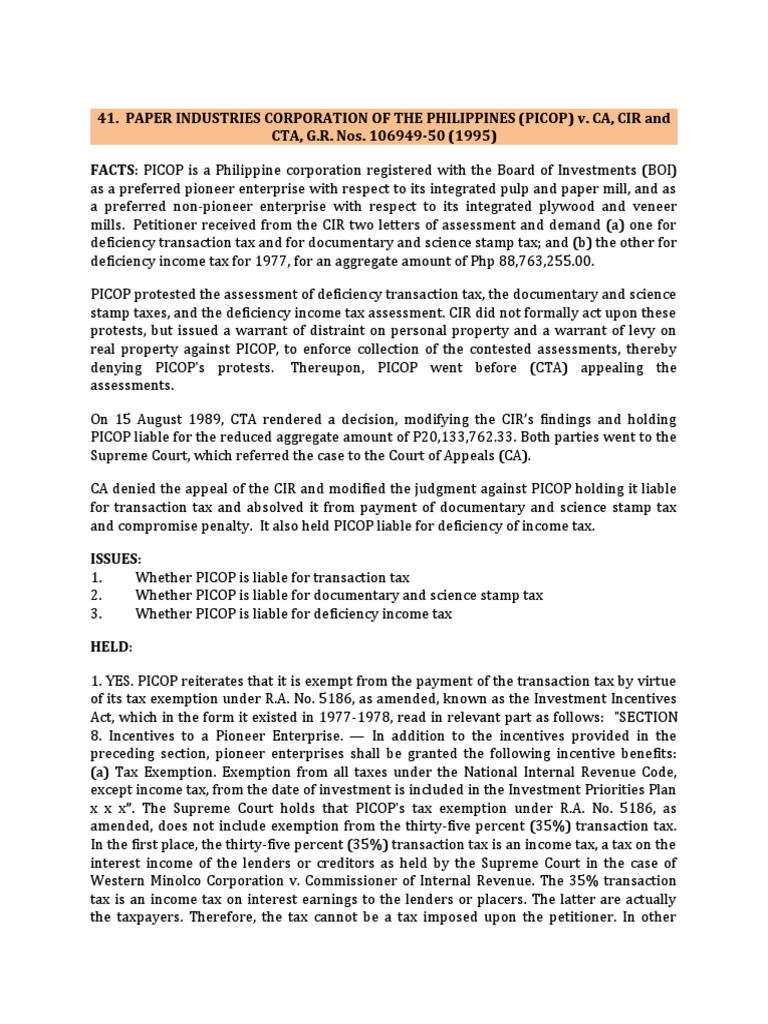 PAPER INDUSTRIES CORPORATION OF THE PHILIPPINES (PICOP) v. CA, CIR and ...