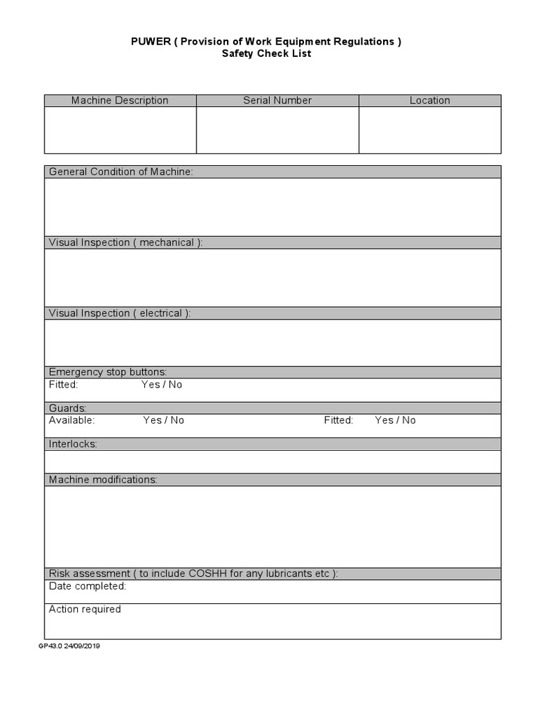 GP PUWER-Equipment-Safety-Checklist PDF Prevention Safety, 45% OFF