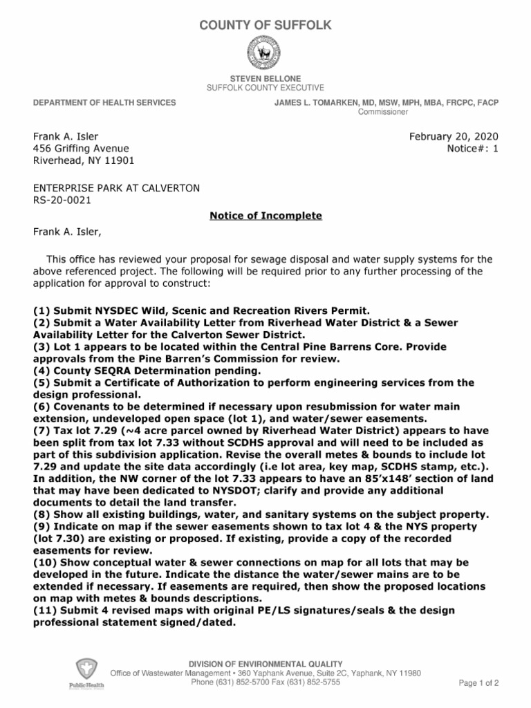 Suffolk County Dept. of Health Services Notice of Incomplete ...