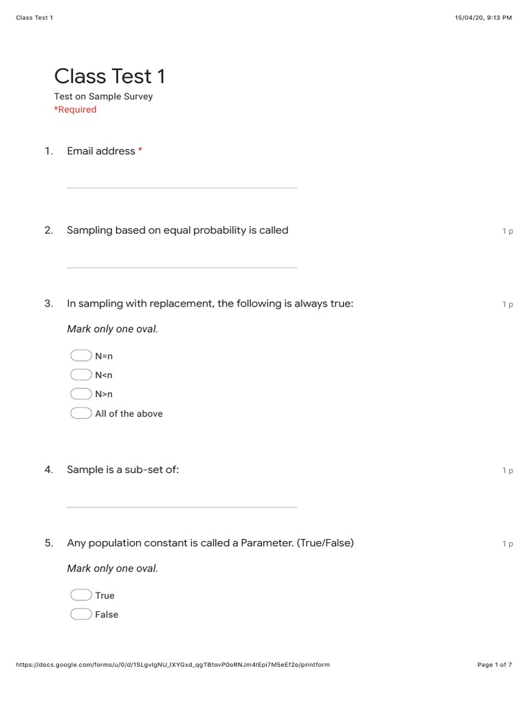 Class Test 1: 1. Email Address | PDF | Sampling (Statistics) | Variance
