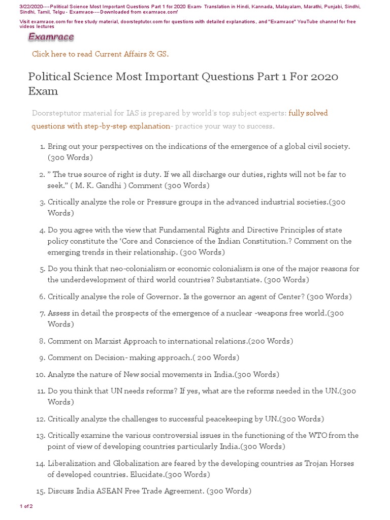 Political Science Most Important Questions Part 1 For 2020 Exam | PDF ...