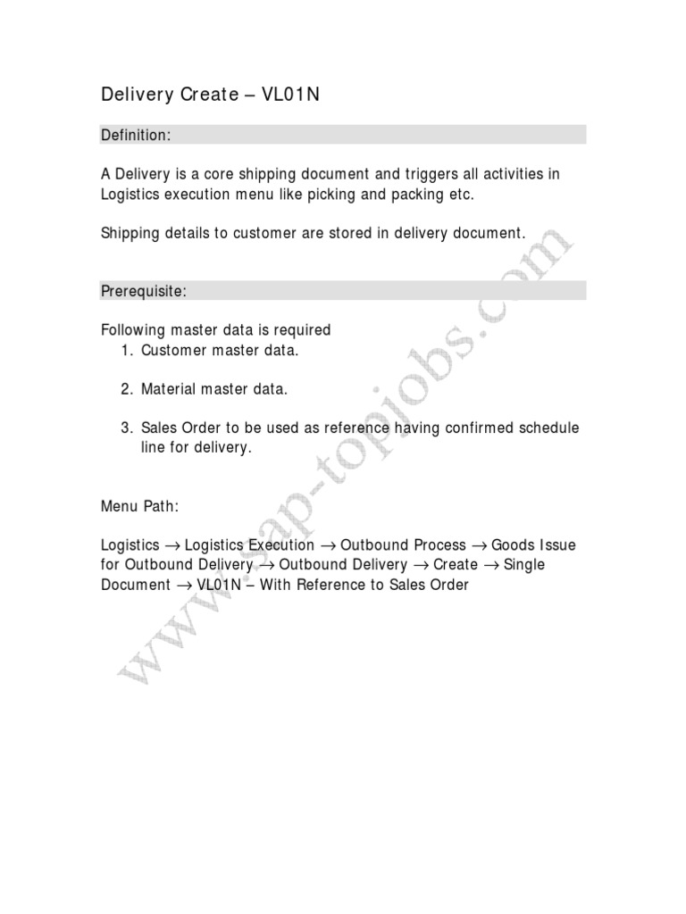 Delivery Create - VL01N | PDF