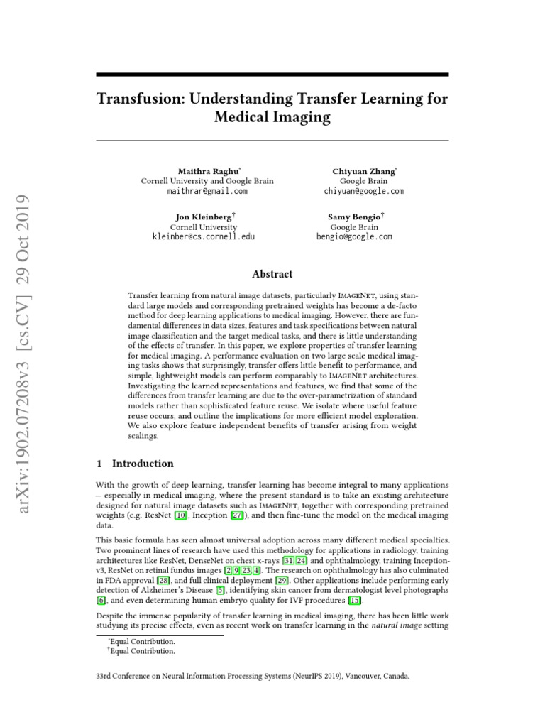 Transfusion: Understanding Transfer Learning For Medical Imaging | PDF | Artificial Neural ...