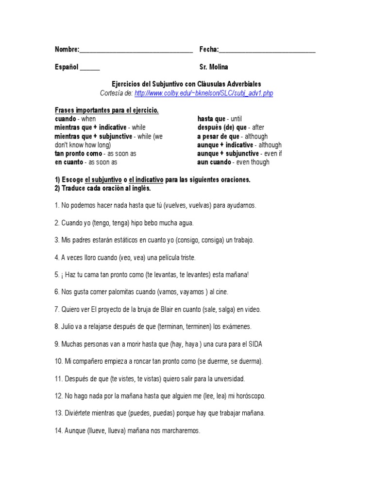 Ejercicios Del Subjuntivo Con Clausulas Adverbiales | PDF