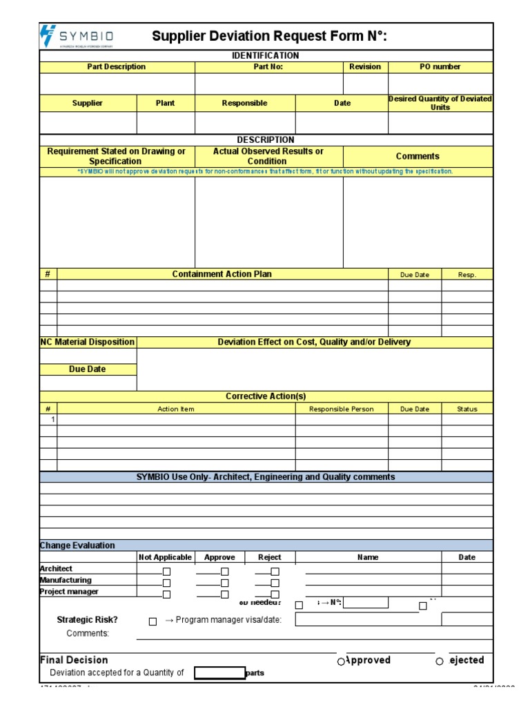 Supplier Deviation Request Form N°:: Part Description Part No: Revision PO Number | PDF ...