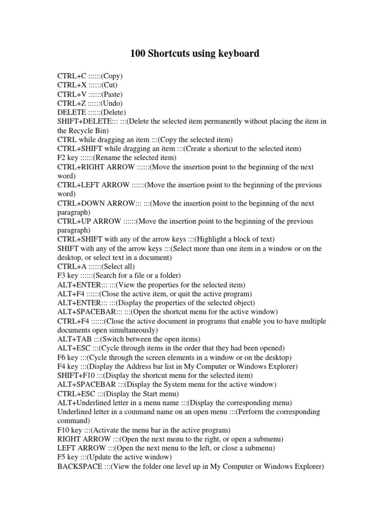 100 Shortcuts Using Keyboard | PDF | Computer Keyboard | Computing ...