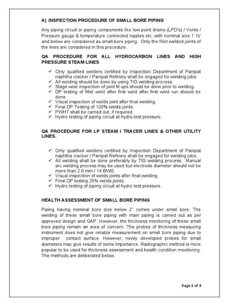 Inspection Procedure SMALL BORE PIPING | PDF | Pipe (Fluid Conveyance ...