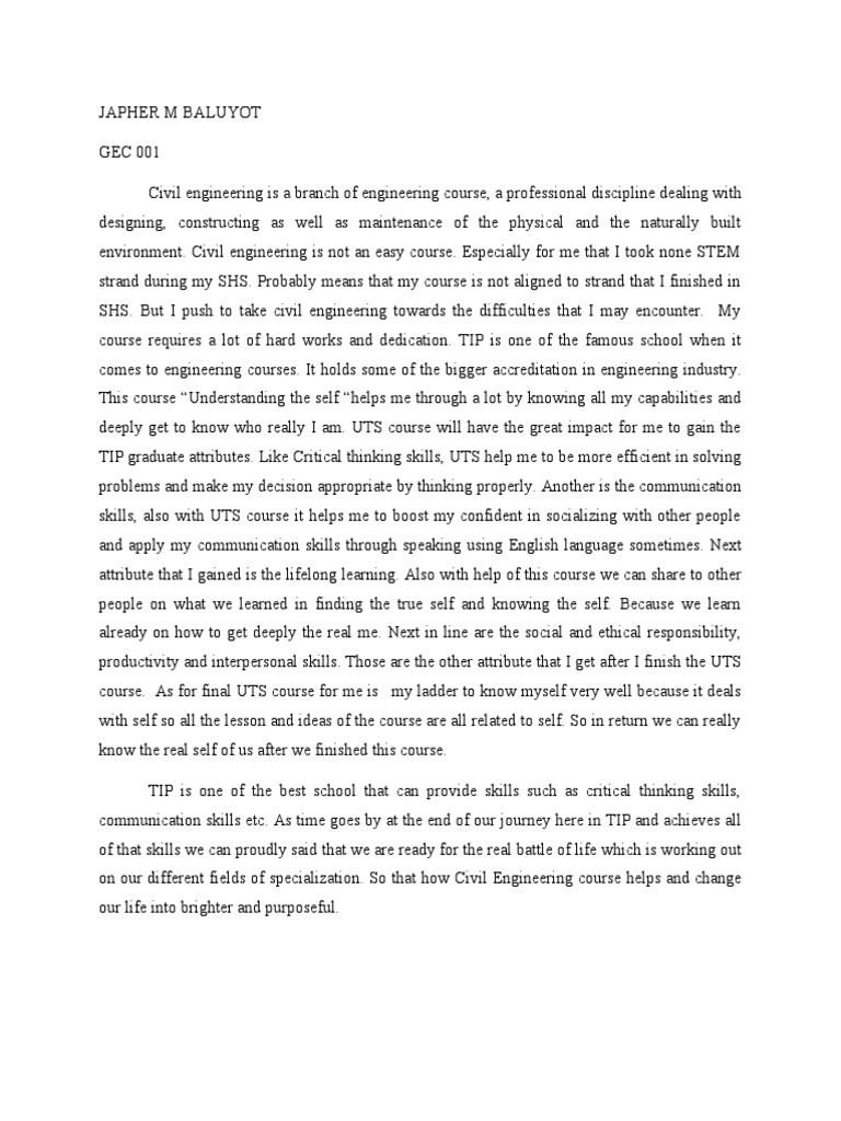 Japher M Baluyot Uts Reflection Final | PDF