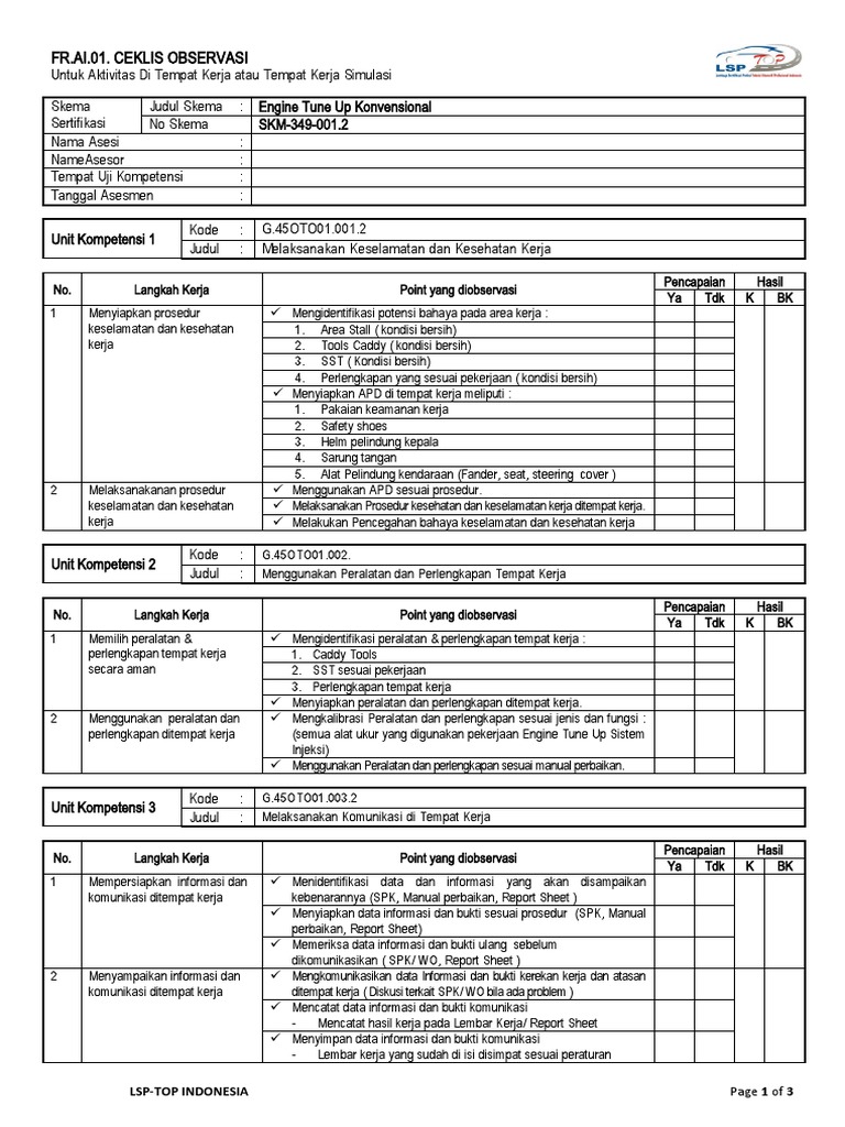 04a. FR - AI.01 CEKLIS OBSERVASI REV1 | PDF