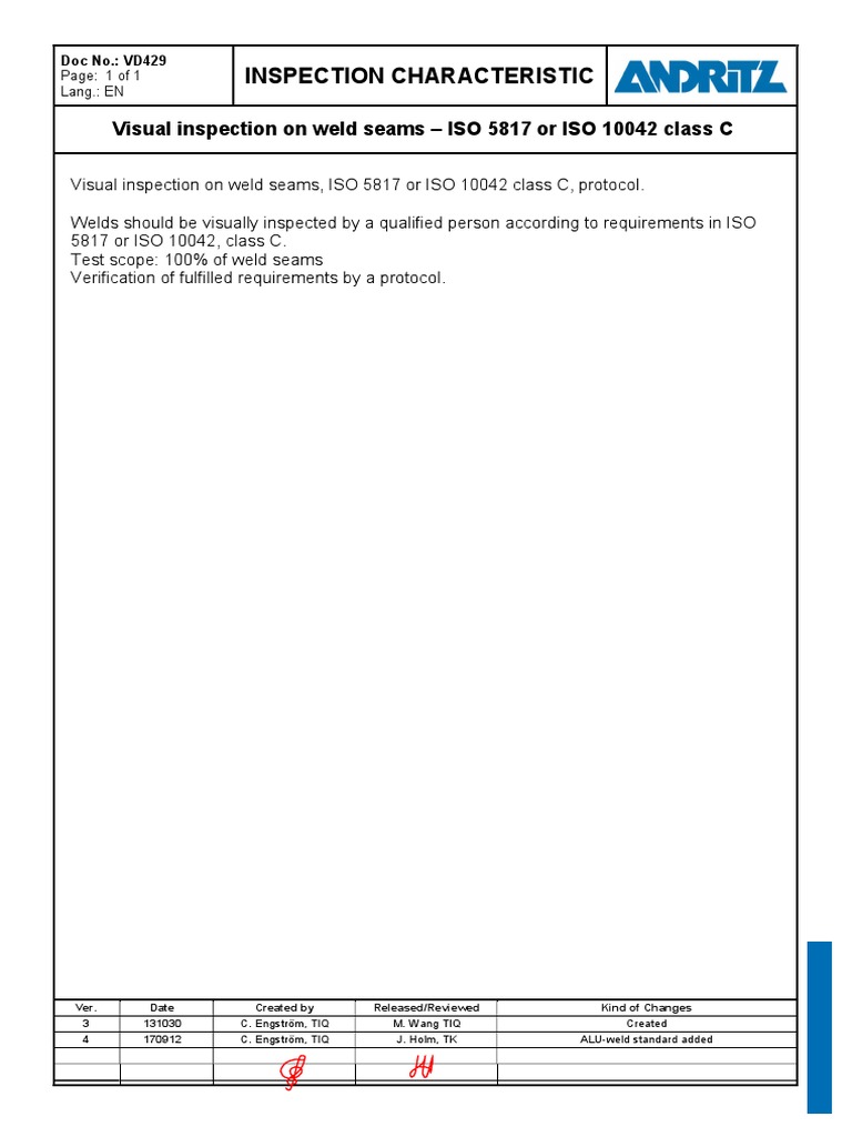 Inspection Characteristic: Visual Inspection On Weld Seams - ISO 5817 ...
