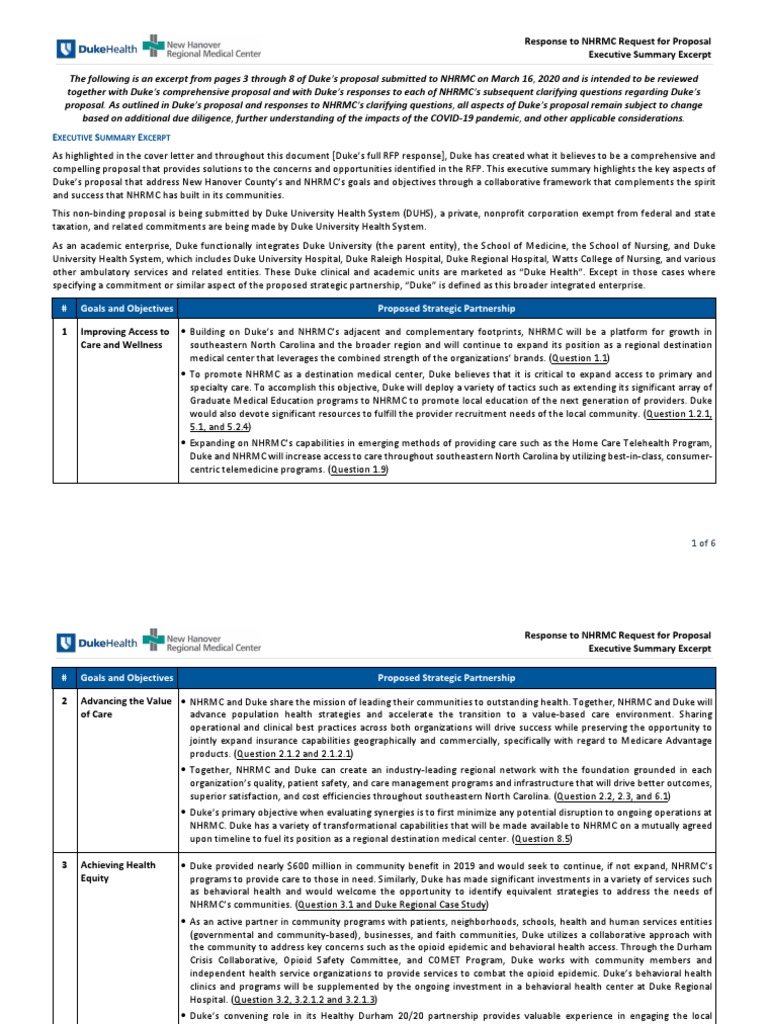 Duke Health Executive Summary - NHRMC RFP | Download Free PDF | Patient ...