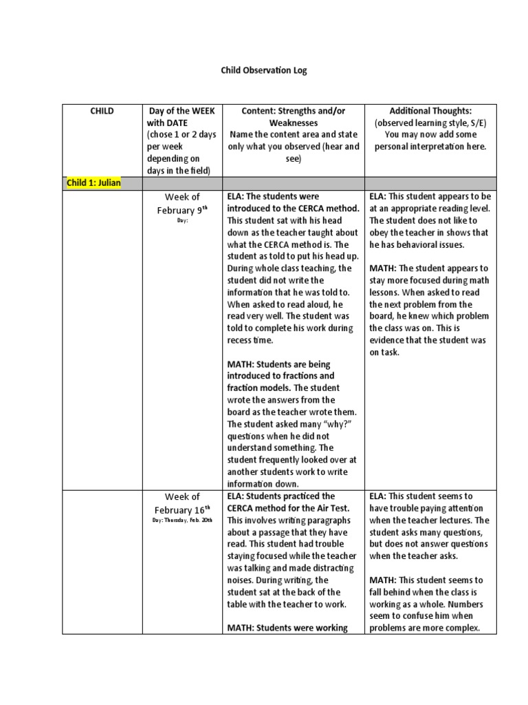 Child Observation Log - Assessment Portfolio | PDF | Teachers | Applied ...