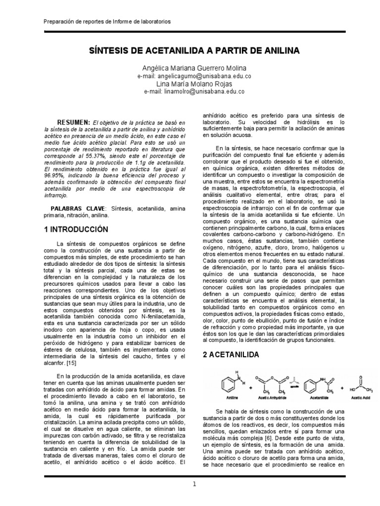 Síntesis de acetanilida a partir de anilina y anhídrido acético | PDF ...