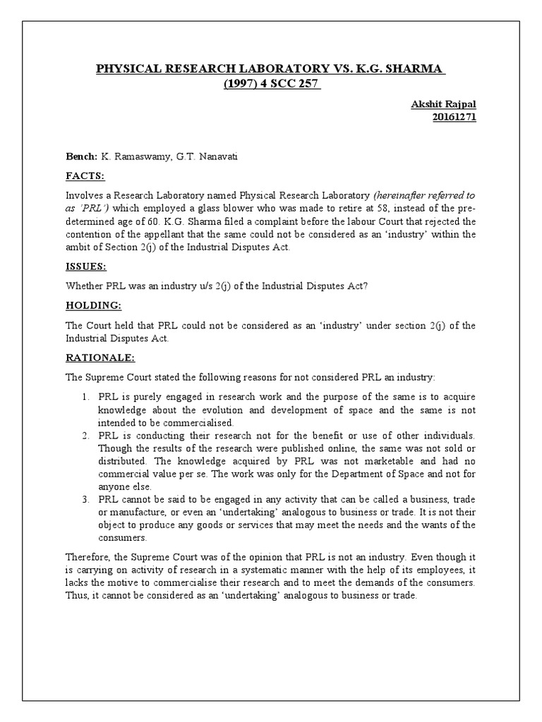 Physical Research Laboratory vs. K.G. Sharma (1997) 4 SCC 257 | PDF