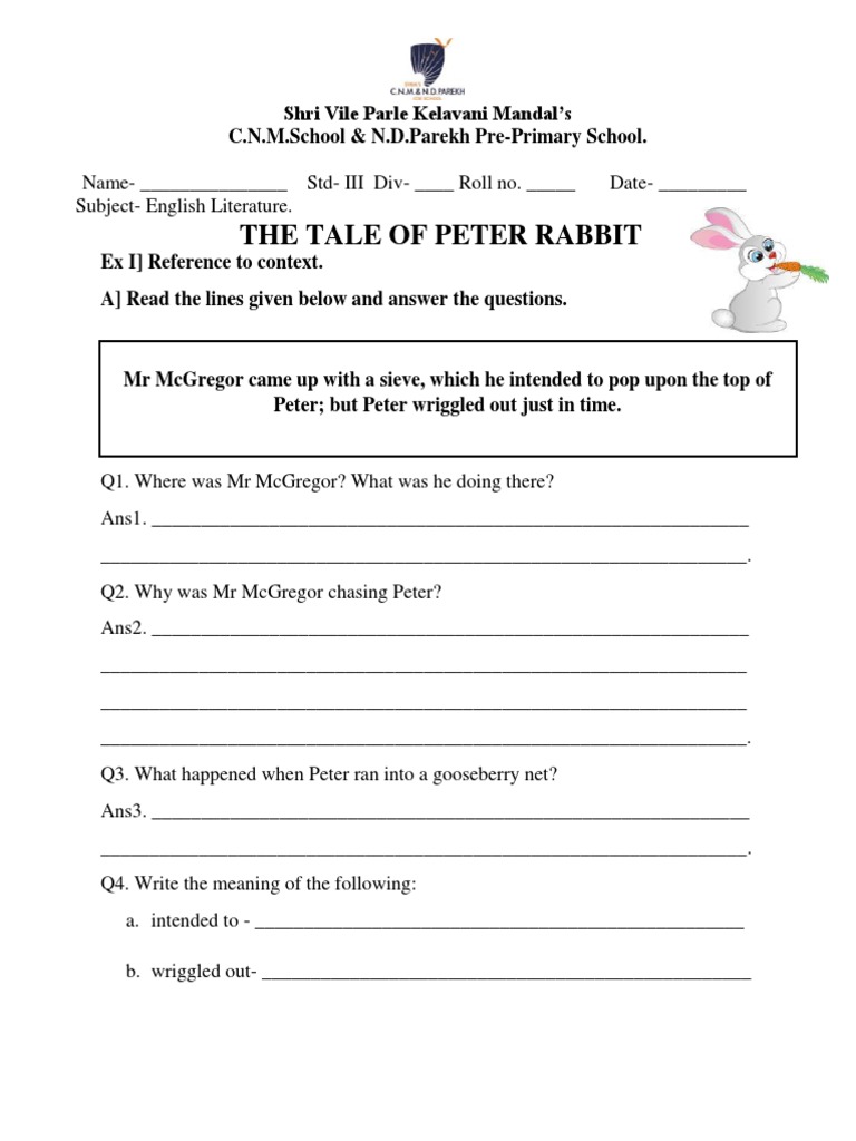 The Tale of Peter Rabbit Worksheet S8UdG9cz2a PDF | PDF