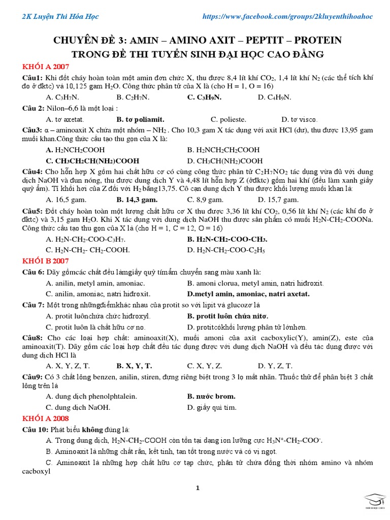 Amin - Aminoaxit - Peptit Trong Các Đề Thi Tuyển Sinh Đại Học Từ Năm 2007 - 2016 | PDF
