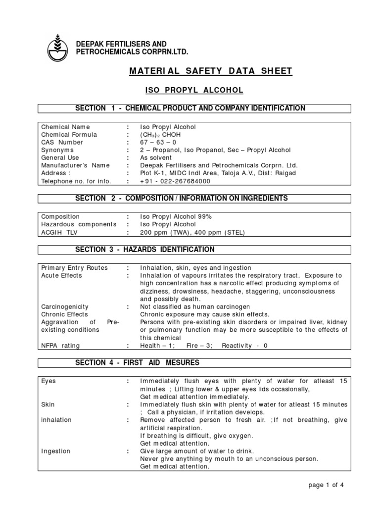 Material Safety Data Sheet: Iso Propyl Alcohol | PDF | Combustion | Fires