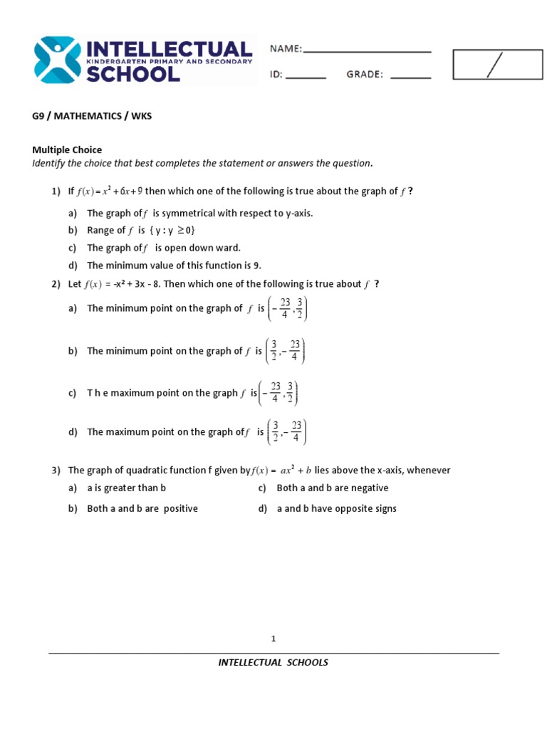 G9 / Mathematics / WKS: Identify The Choice That Best Completes The ...