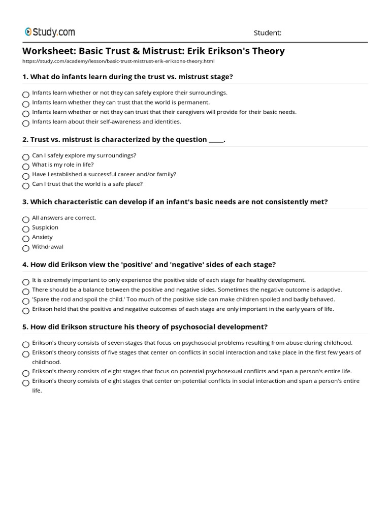 Quiz Worksheet Erikson S Trust Mistrust Theory | PDF