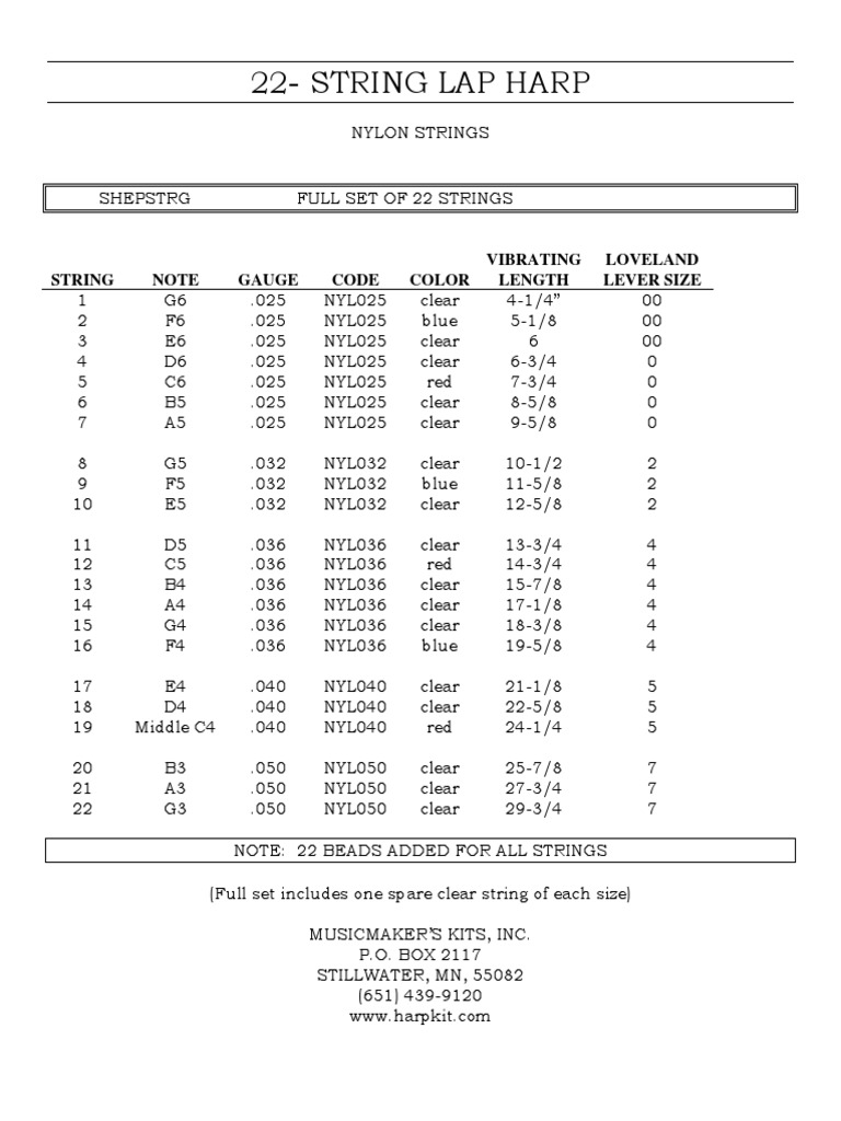 22-String Lap Harp: String Note Gauge Code Color Vibrating Length ...