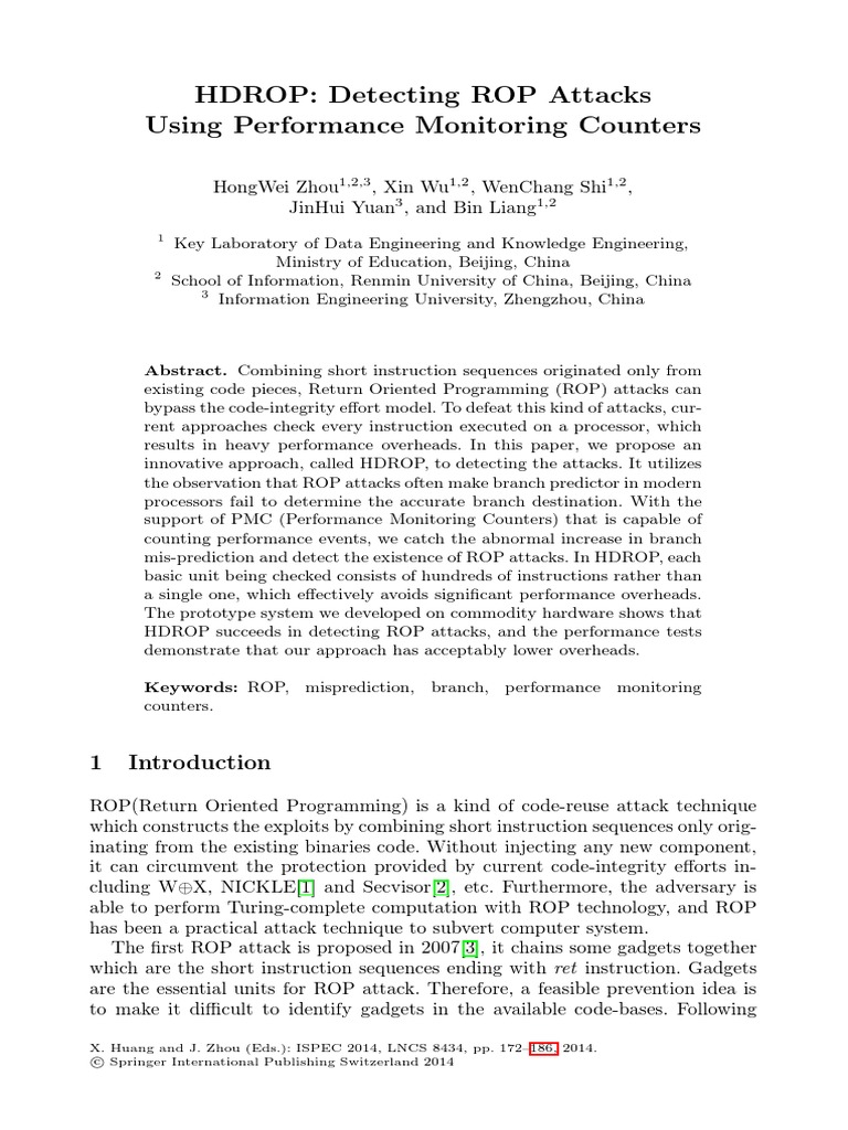 Hdrop Detecting Rop Attacks Using Performance Monitoring Counters Pdf Subroutine Computing